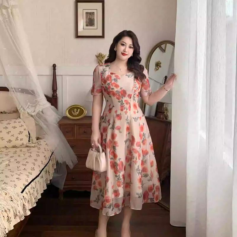 FADFAD Gaun midi elegan wanita motif bunga-bunga dengan kera - Shop ...