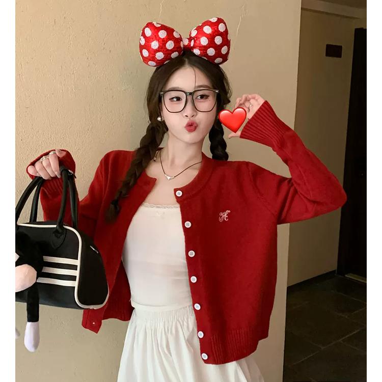 Korean Women's Red Sweater Coat - High-End Sweet Temperamen - TikTok ...