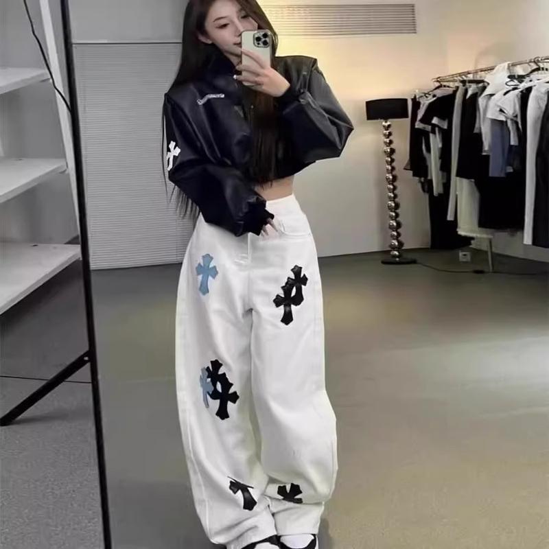Seluar Jeans Kaki Lebar, Rekaan Salib Putih, Untuk Wanita, Koleksi ...