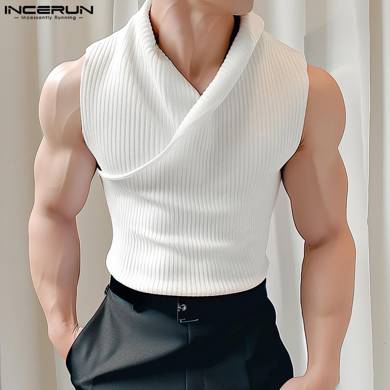 INCERUN Mens Stripe Texture Vests Cross Neck Knitted Solid Tanks ...