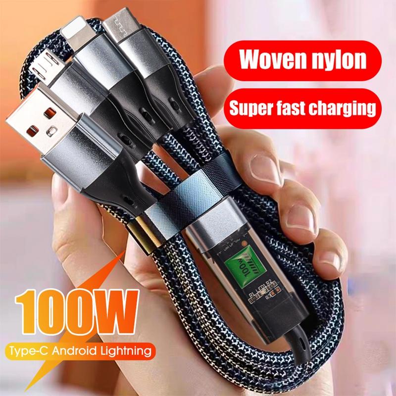 Kabel Pengecasan Pantas, 3 dalam 1, 100W, 1.2M, Kabel USB Mikro ...