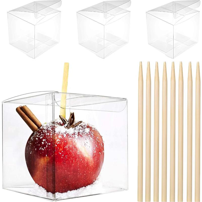 20 Pack Plastic Clear Candy Apple Boxes with Sticks Set-4 x 4 x 4 ...