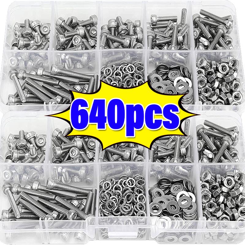 Set Skru Soket Hex, Keluli Tahan Karat, Saiz M3, 640PCs, Termasuk ...