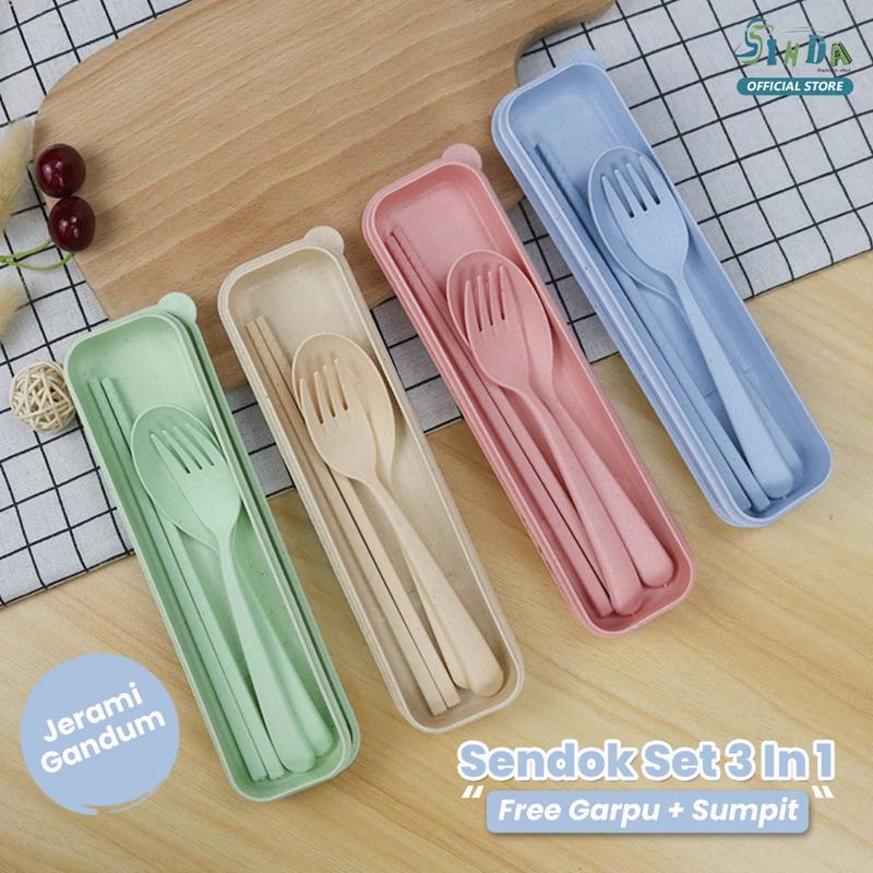 SINDA Sendok Set Garpu Sumpit sendok Bahan Jerami + kotak Sendok Set 3 ...