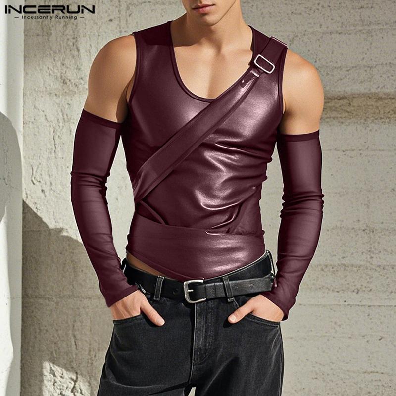INCERUN Men's Fashion Faux Leather Patchwork Blouses Top Lac - TikTok ...