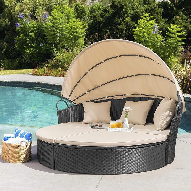 Furmax Patio Outdoor Daybed with Retractable Canopy, Rattan Wicker Sectional Seating, Washable ...