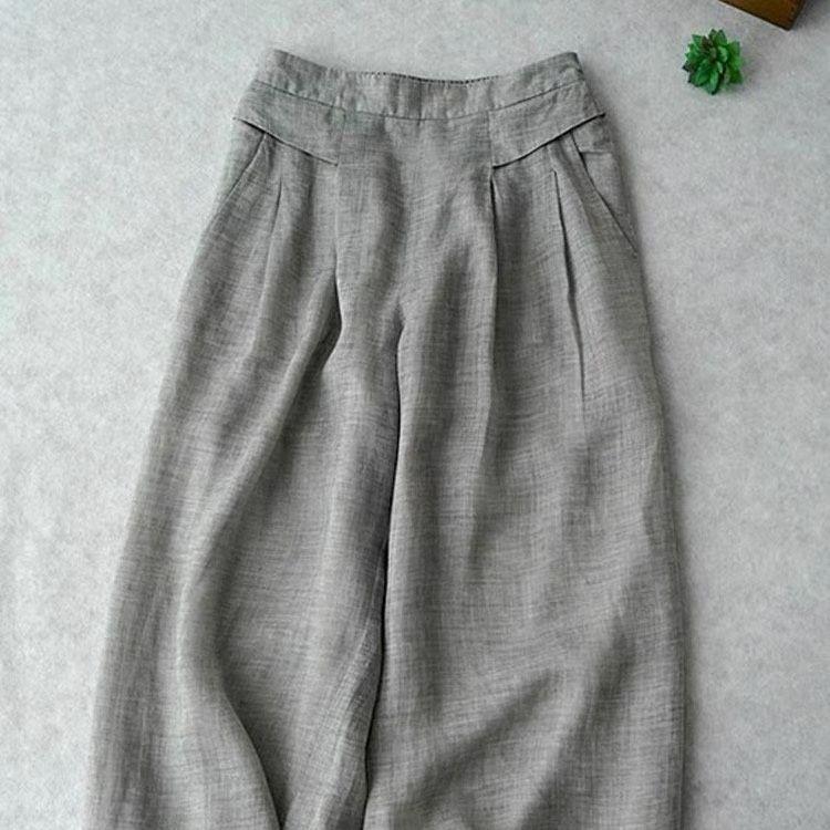 Seluar Kaki Lebar Linen Lurus, Gaya Retro Wanita, Pinggang Tinggi ...