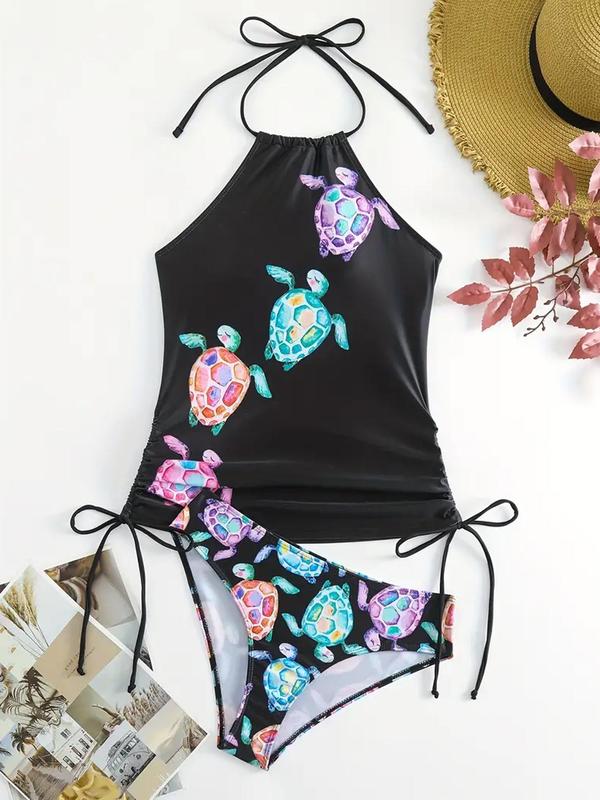 Women's Sea Turtle Print Tankini Set, Casual Halter Neck Drawstring ...