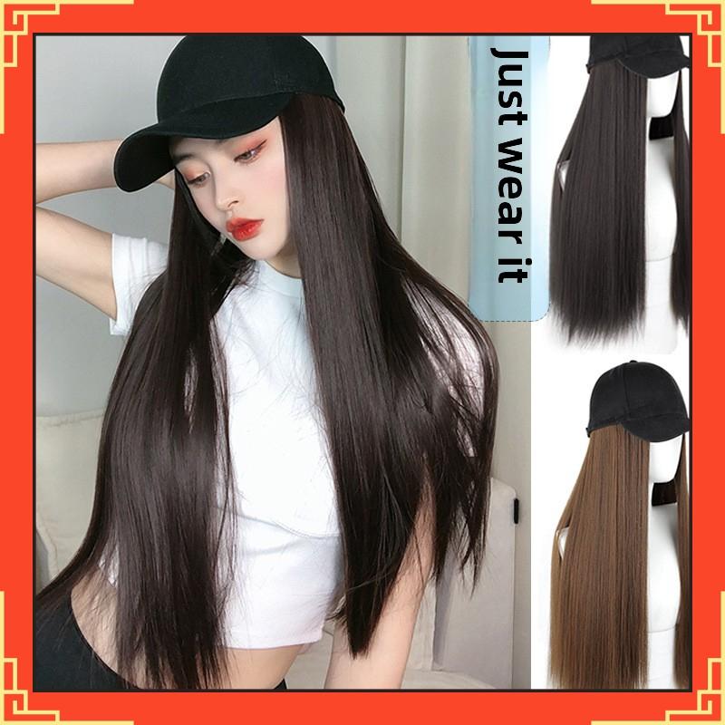 Rambut Palsu Topi untuk Wanita, Rambut Lurus Panjang, Topi Besbol ...