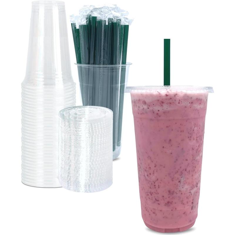 32 oz Clear Plastic Cups with Lids and STRAWS, Disposable Drinking ...