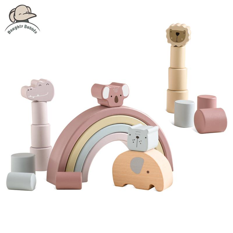 1Set Wooden Toys Rainbow Stacking Blocks Elephant Balance Blocks ...