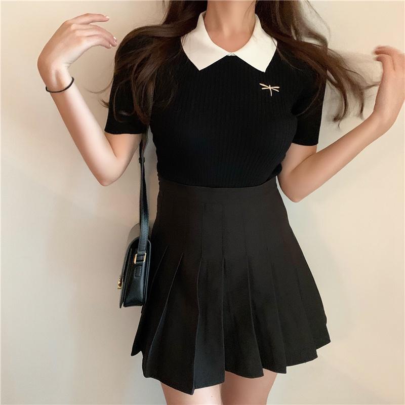 Korean Polo knitted blouse with collar Short sleeve Embroidery - TikTok ...
