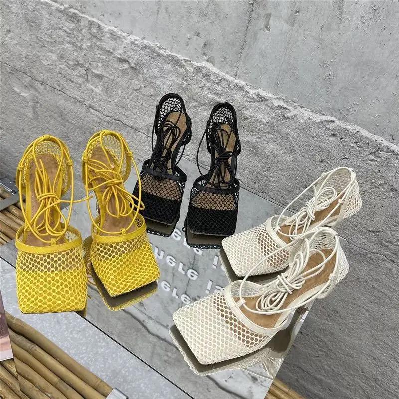 2025 Summer New Women's Plus Size Mesh Tied High Heels Roman Style Open ...