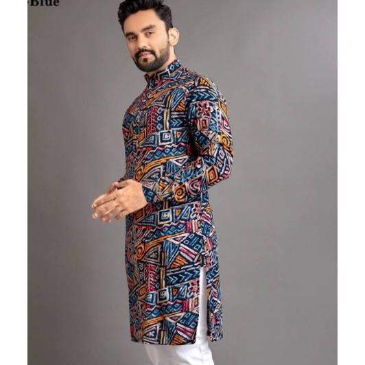 Kurta Bercetak Digital Lelaki, Vardha, Sesuai Biasa, Kolar Mandarin ...