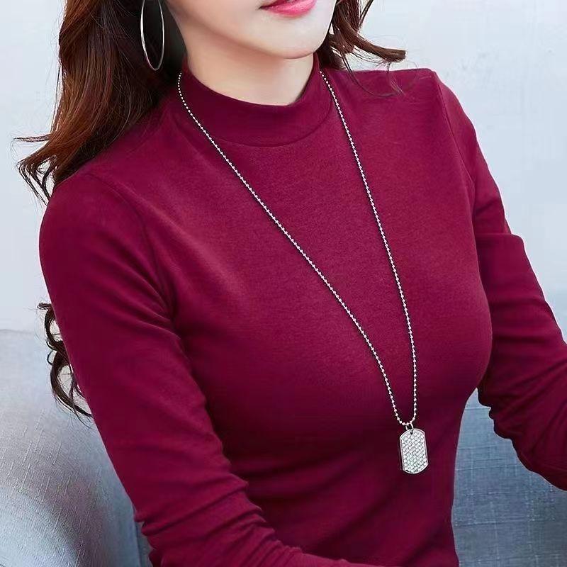Kemeja Asas Turtleneck Separuh Modal, Baju-T Lengan Panjang Wanita ...