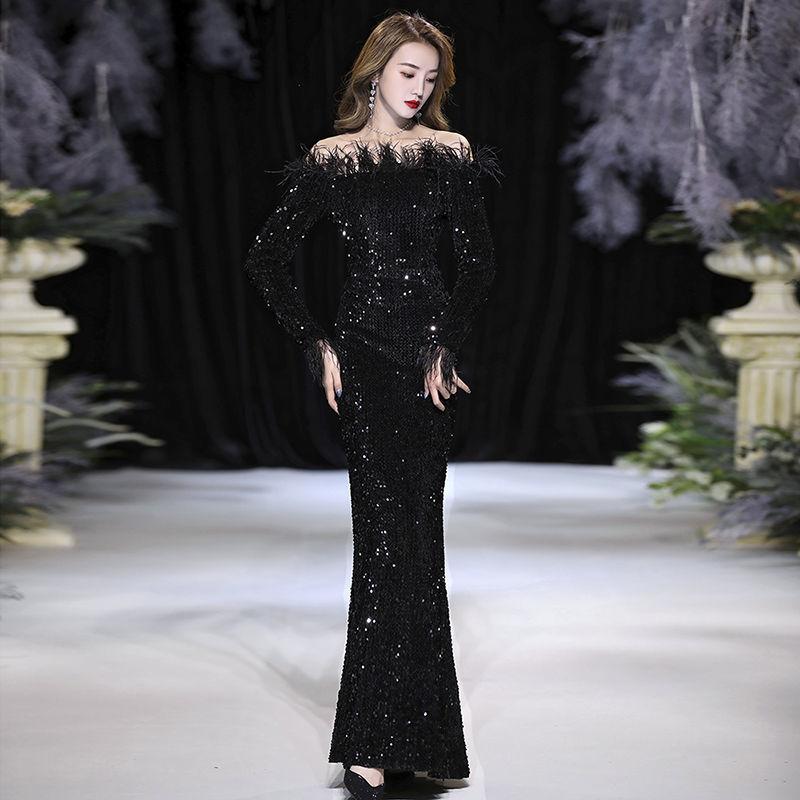 Gaun malam lengan panjang untuk wanita, elegan, fishtail, labuci ...
