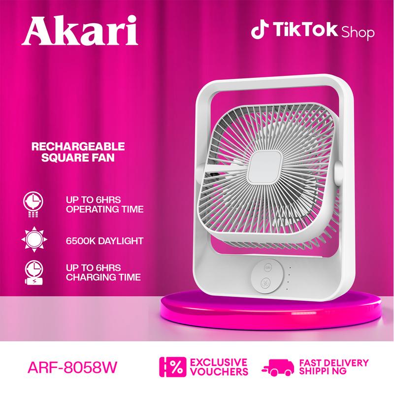 Akari 8" Rechargeable Square Fan with LED (ARF-8058) Long Lasting ...