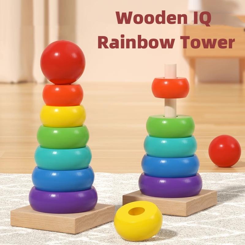 educational wooden Rainbow Color Stacking Rings Tower Development ...