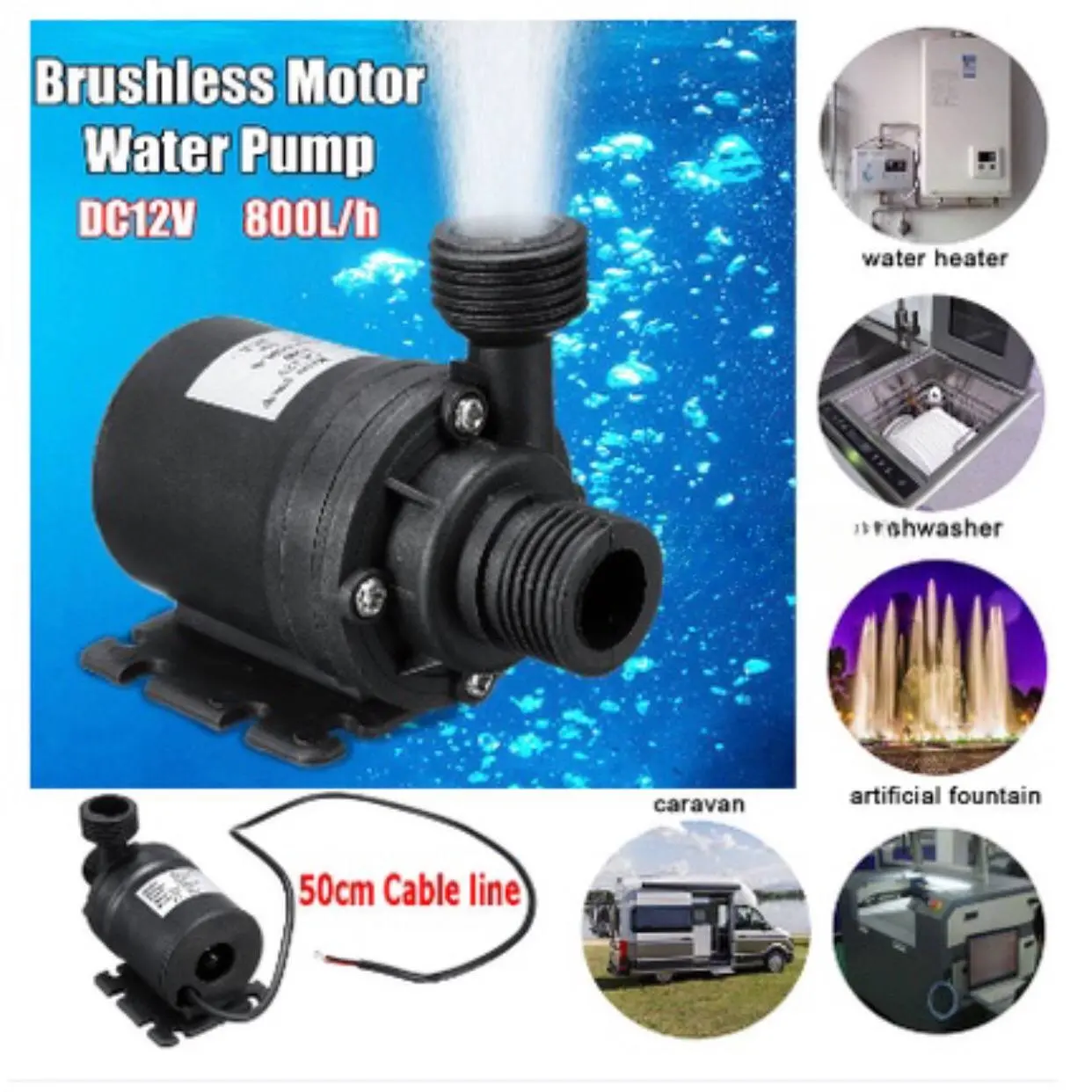Ultra Quiet Mini DC 12V Lift 5M 800L/H Brushless Motor Submersible ...