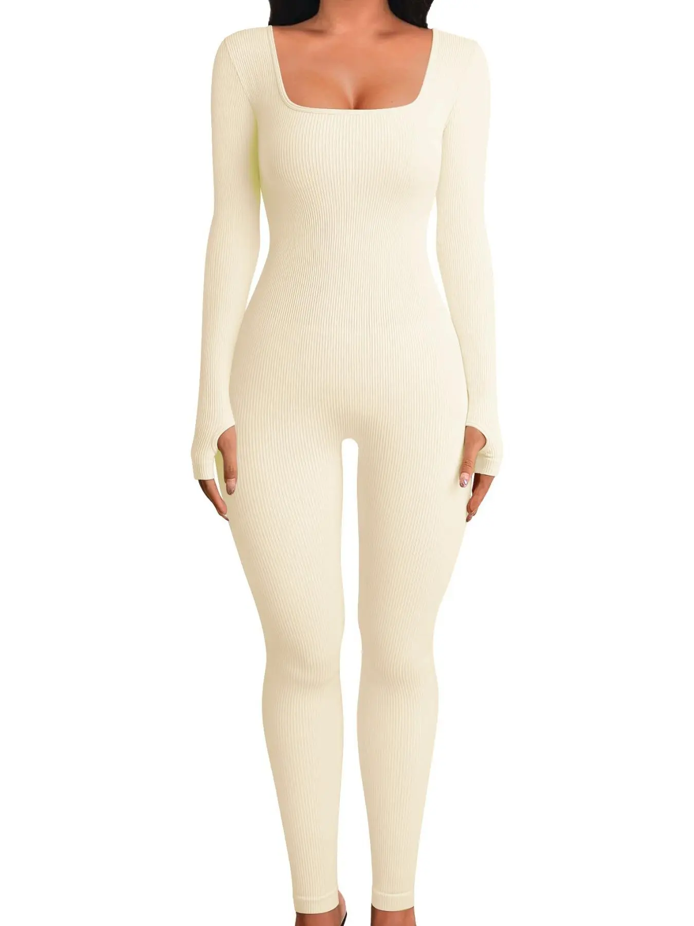 Women's 1 Piece Solid Long Sleeve Ribbed Sports Shapewear Bodysuit ...