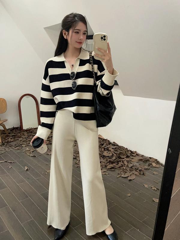 Mochi Polo Neck Long Sleeve Stripe Top & Wide Leg Pants Oversize ...