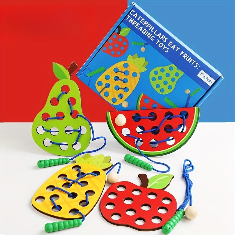 cod1 Set Wooden Caterpillar Eating Fruit Threading Board, Threading ...