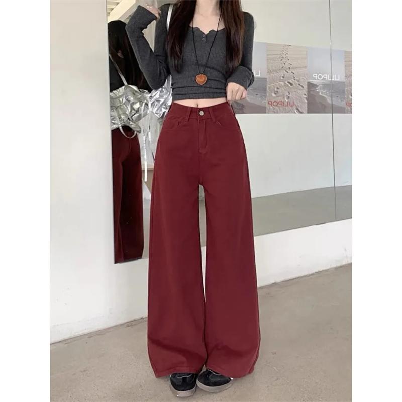 Seluar Jeans Kaki Lebar Merah, Ankela Kecil, Untuk Wanita, Musim ...