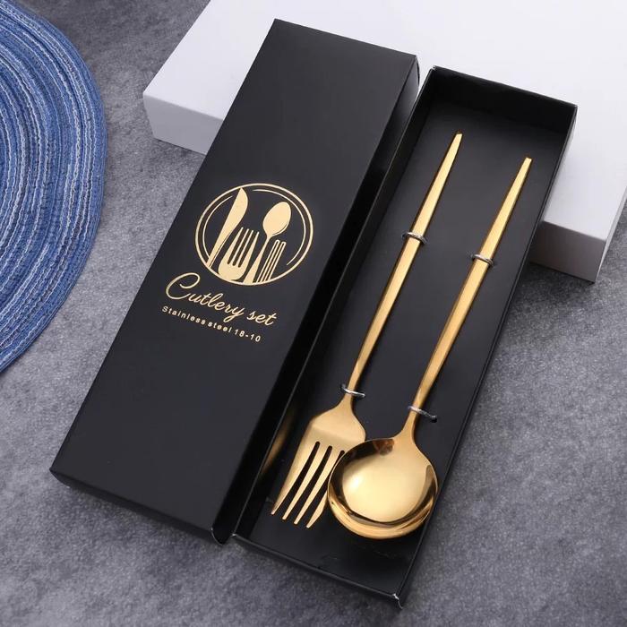 Jual Gold Cutleries Box Set 2pcs - Alat Makan Korea Sendok Garpu Sumpit ...