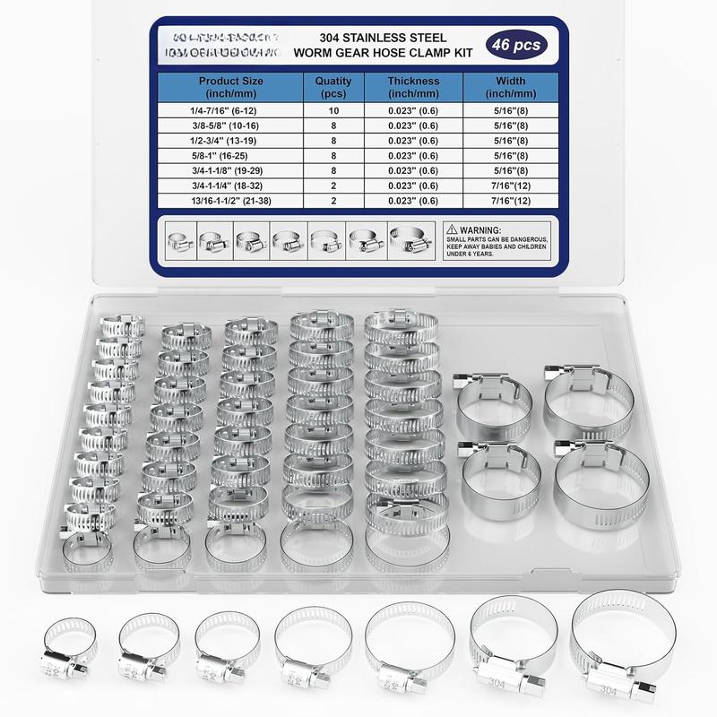 46 count Premium Stainless Steel Hose Clamps Kit, 7 Size (1/4"-1-1/2 ...