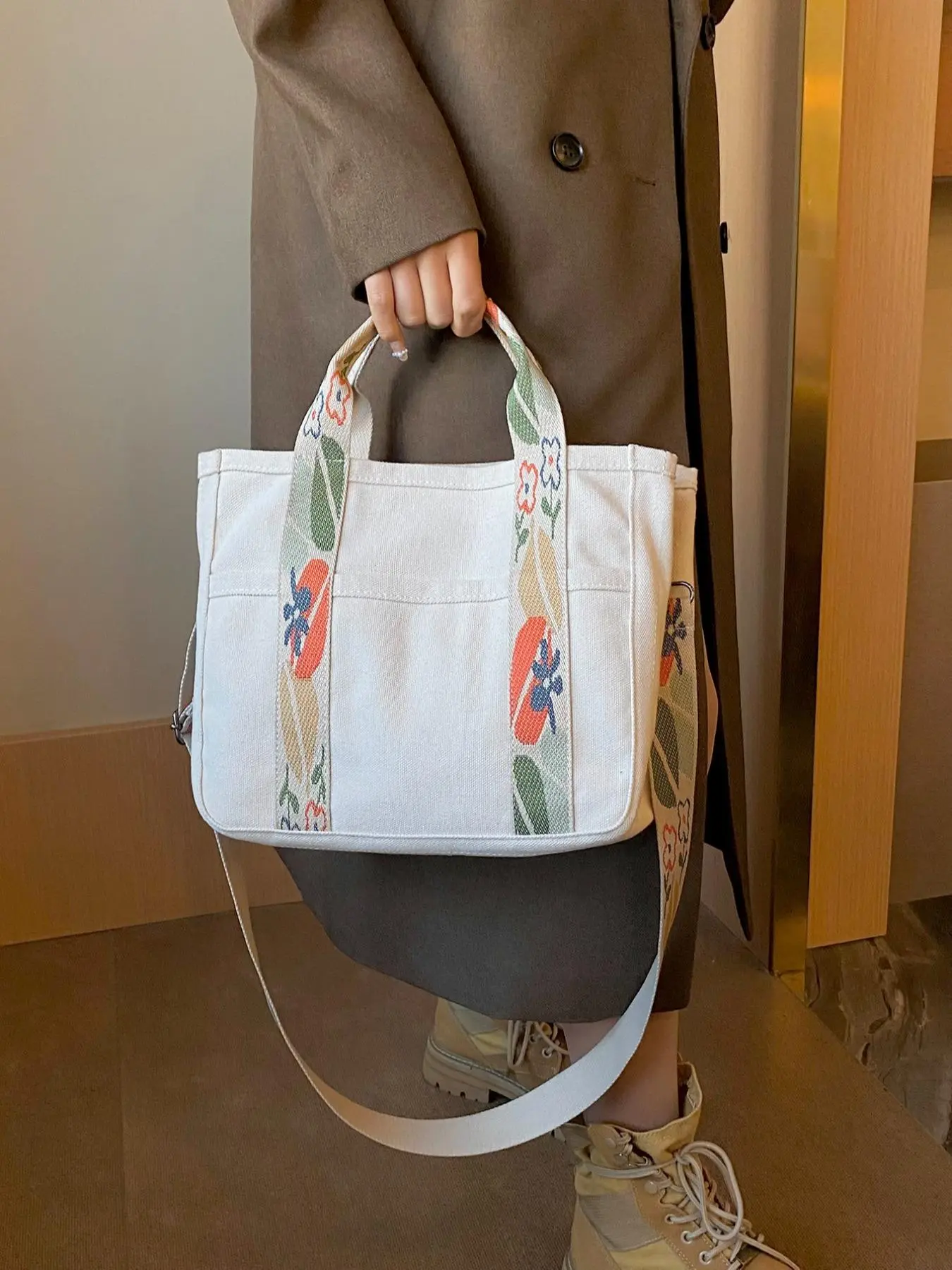 Women's Solid Color Canvas Tote Bag for School with Removable Bottom ...