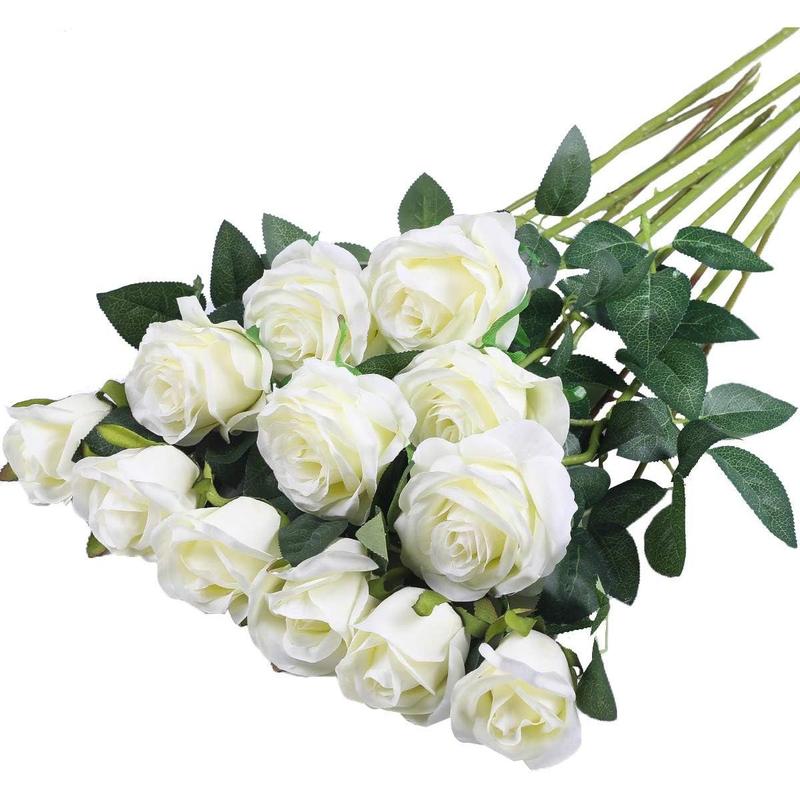 12PCS Artificial Silk Flowers Realistic Roses Bouquet Long Stem for Home Wedding Decoration ...