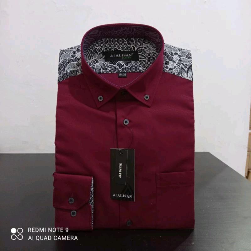 Kemeja Alisan Slim Fit Maroon Kombinasi Batik Lengan Panjang - Shop ...