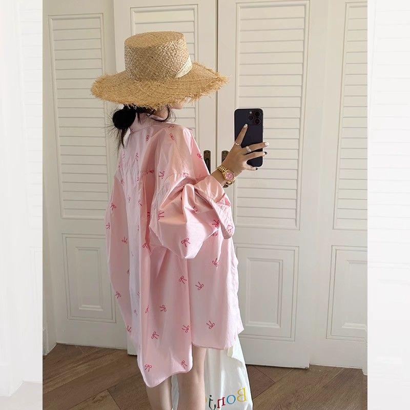 Pink Arc Print Long Sleeve Shirt for Women, Loose Casual Sun Protection ...