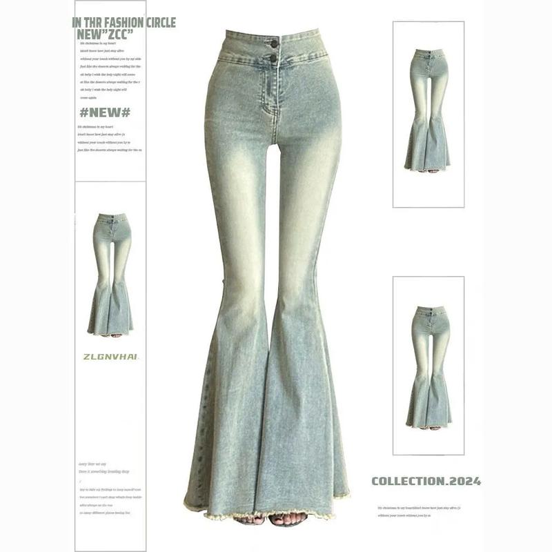 High Waist Retro Fishtail Horn Raw Hem Jeans New Small Slim Fit ...