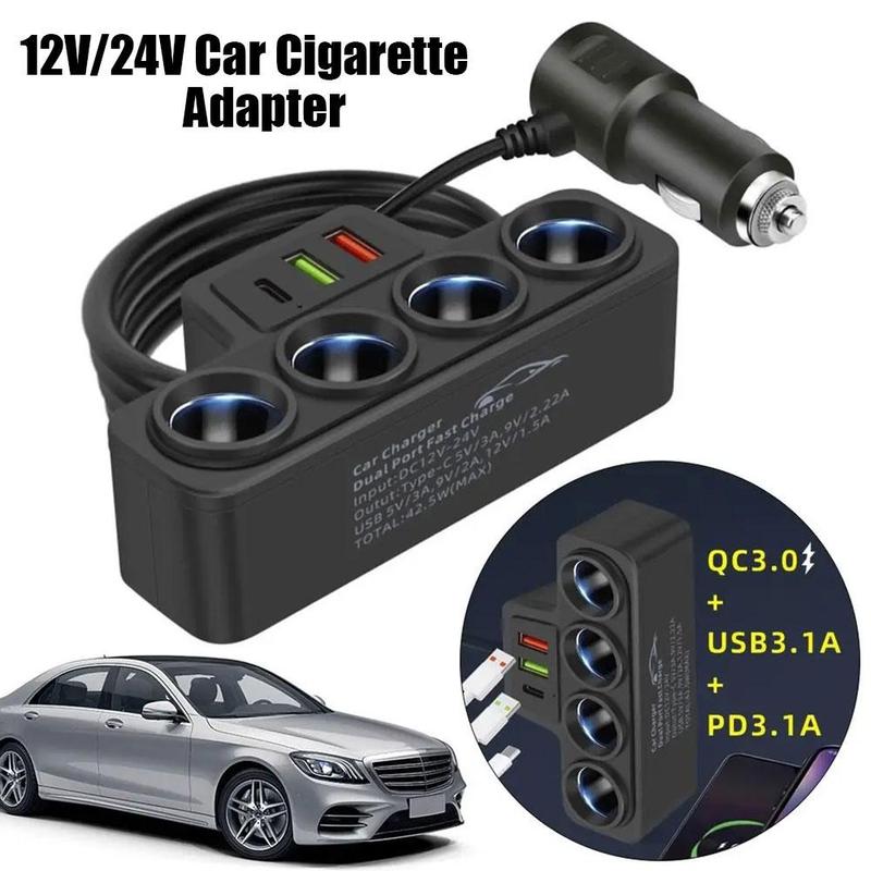 12V/24V Car Cigarette Adapter - 4-Socket USB Port 4 Way Cigarette ...