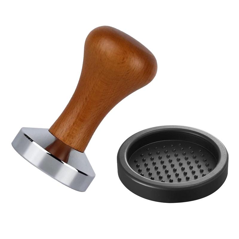 51mm Espresso Coffee Tamper with Tamper Mat, Aluminum Flat Base,Wooden ...
