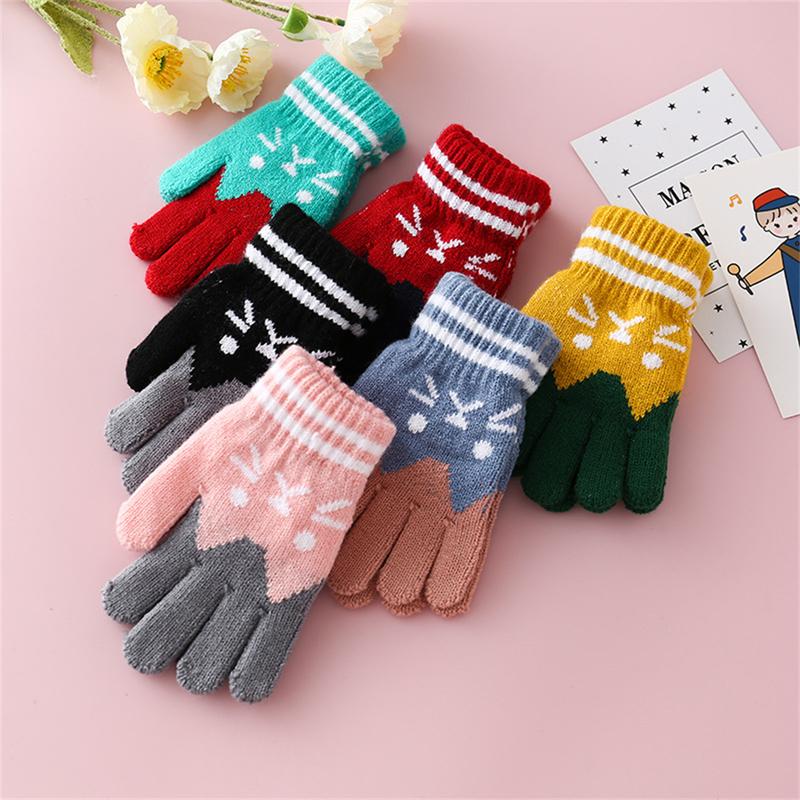 Winter Cashmere Knitted Gloves Cartoon Cat Face Plus Velvet Warm ...