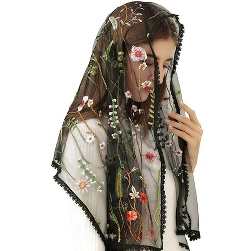 Rihez-shawl Bunga bersulam untuk wanita, tudung lutsinar, Tudung ...