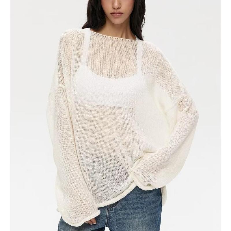 Sheer Knit Sweater Women 2025 Trendy Hollow Out Y2K Top Breathable Mesh ...