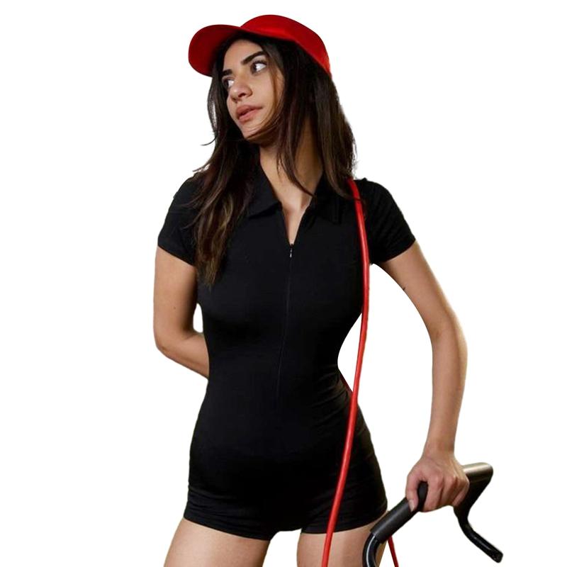 Women'sSports Bodysuit Solid Color Short Sleeve Lapel Front Zip ...
