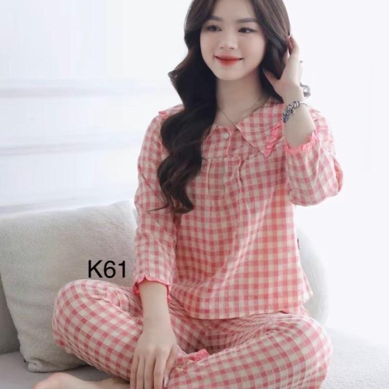 (37kg-68kg) Quần áo mặc nhà tay lỡ vải kate kẻ mềm cổ phối nhọn ...