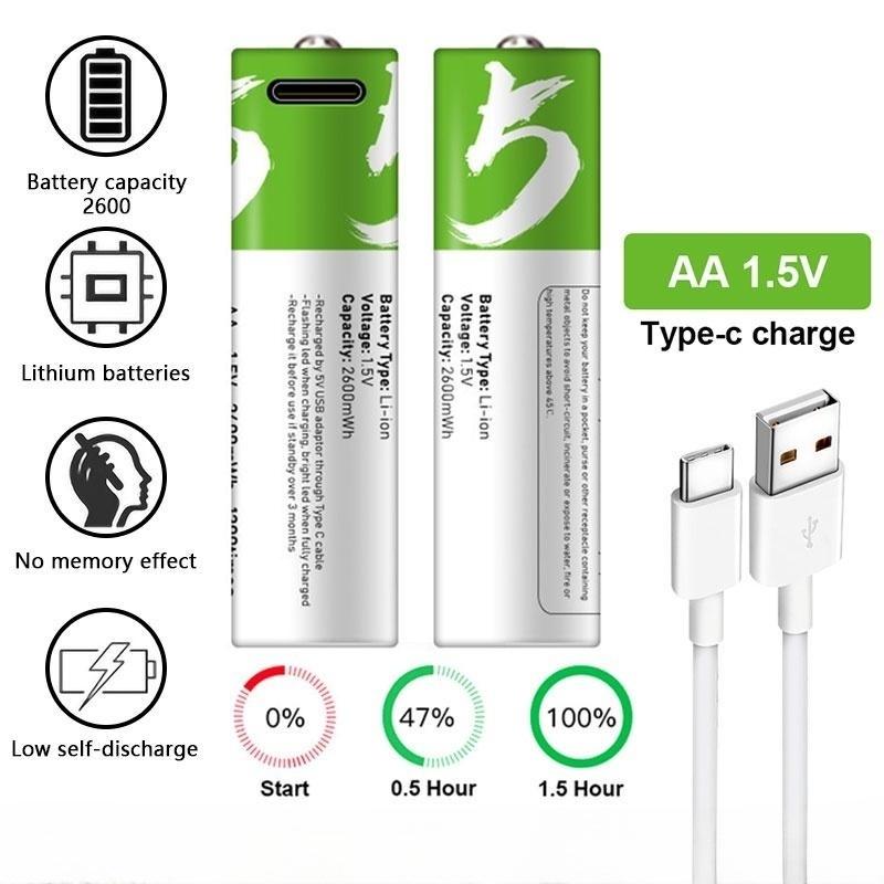 Smartoools 1.5V Double A Lithium ion Type C AA AAA Battery Rechargeable ...