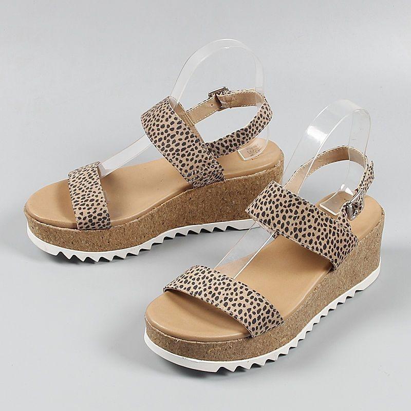 Sandal Roman, Platform Tumit Tinggi, Tali Satu, Cetakan Leopard ...