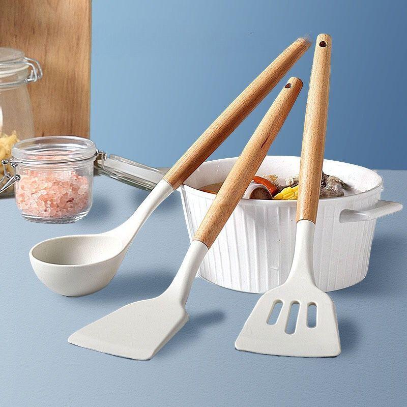 White Silicone Wooden Kitchen Utensils Spatula Cooking Tools - TikTok ...