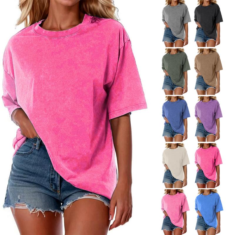 Holafish Acid Wash Women‘s Oversized Cotton Tshirt Chew Neck Half Short Sleeves Summer Top ...