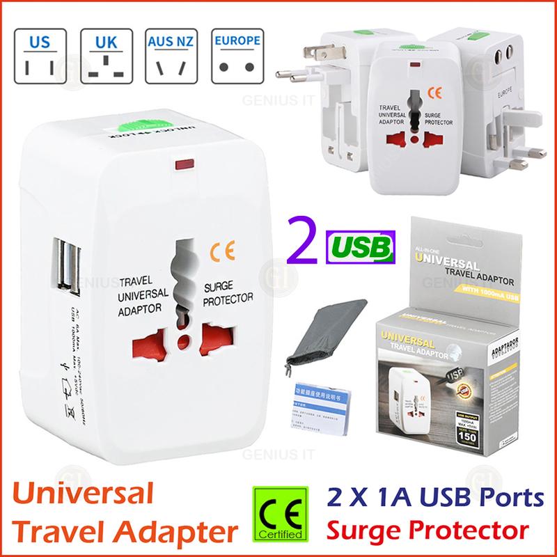 All in One Universal Travel Adapter with 2 USB Charger Ports and Surge ...