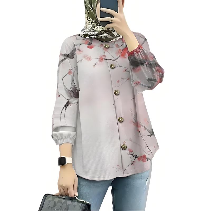 Baju Muslim, Leher Bulat, Bercetak Corak Bunga dan Rumput, Fesyen ...