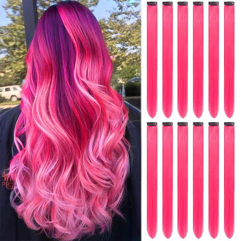 12 Hot Pink Hair Extensions Clip in Colored Party Highlights Extension ...