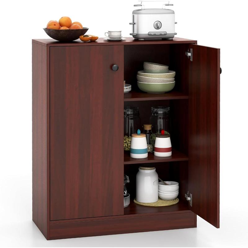 Storage Cabinet with Doors, Kitchen Cabinets with 3-Tier Shelves, Wood ...