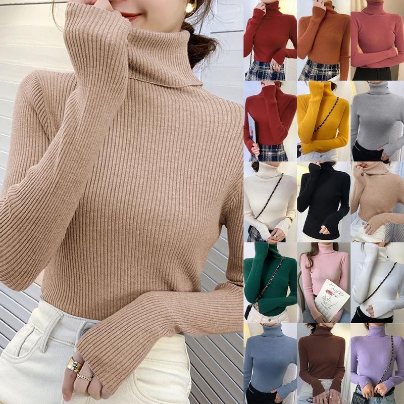 Kemeja Lengan Panjang Berkait Musim Sejuk untuk Wanita, Turtleneck ...